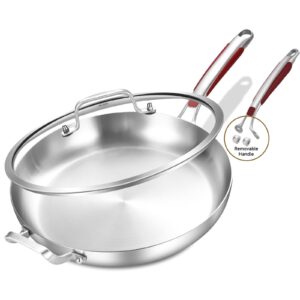 Inqibee 12-Inch Tri-Ply Stainless Steel Frying Pan with Lid and Helper Handle,Skillet,Chef's Pan,Induction Cooking Pan,Heavy Duty and Detachable Handle.