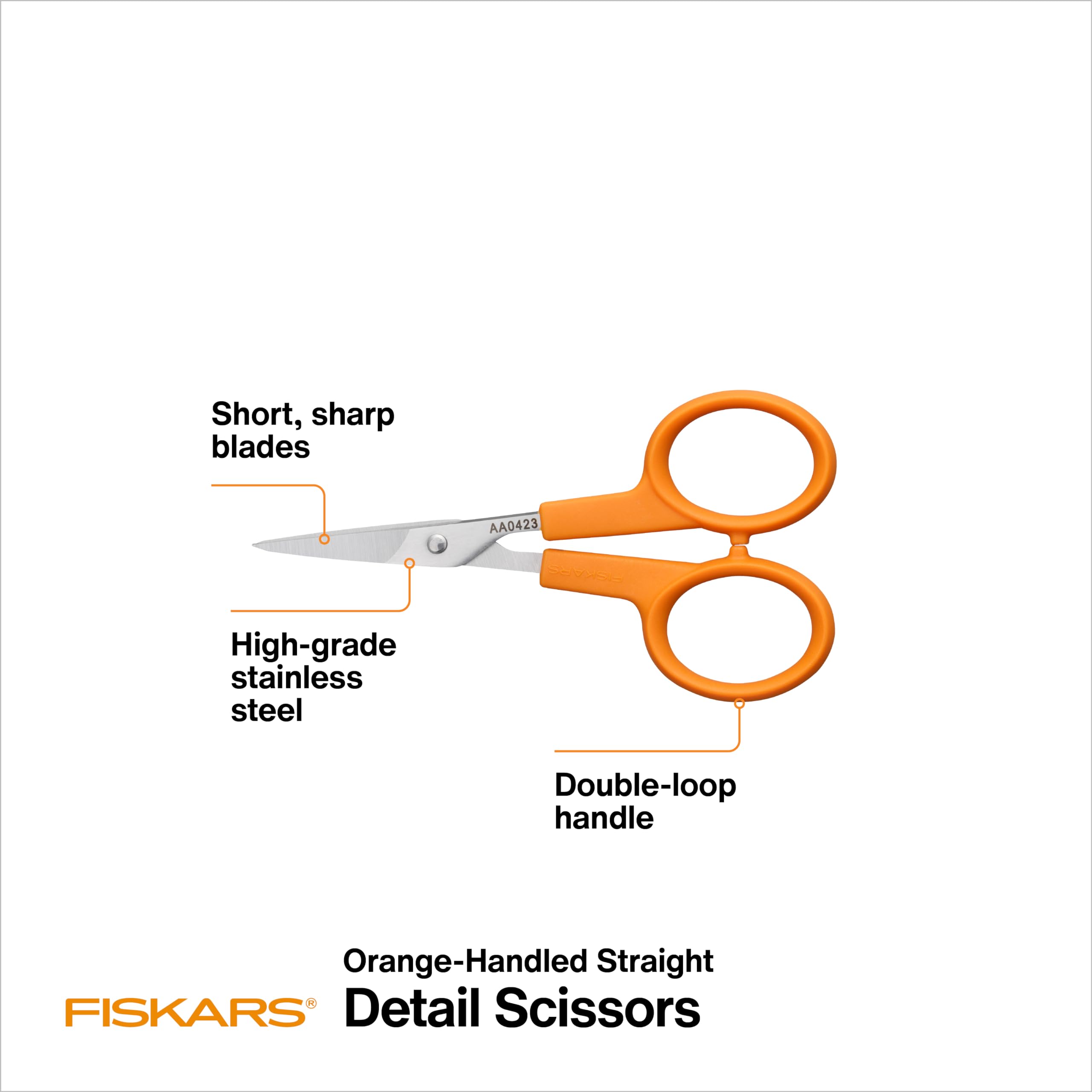 Fiskars Orange-Handled Straight Detail Scissors, Stainless Steel Blades, Ambidextrous Double-loop Handle