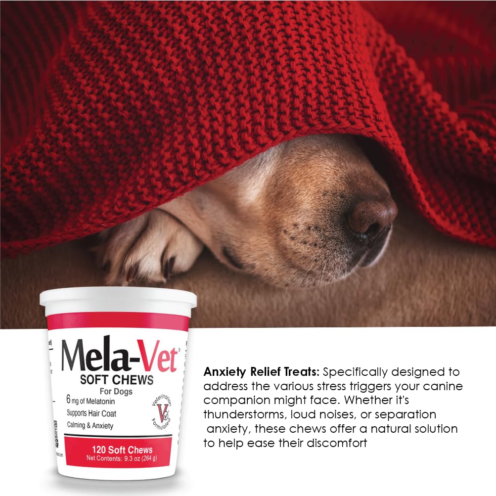 Mela-Vet Melatonin Calming Soft Chews for Dogs, Vet-Formulated to Provide Relaxation & Anxiety Relief, Helps Reduce Stress & Tension-Supports Healthier Skin & Coat.120 Tasty Soft Chews.