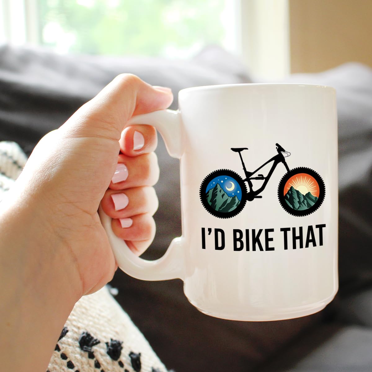 I'd Bike That Coffee Mug - Bicycle Themed Decor and Gifts for Mountain Bikers - Large 15oz White Ceramic Mug