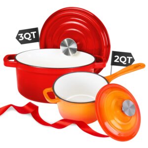 healthy choices cookware set, 2 qt saucepan with lid & 3 qt dutch oven with lid, oven safe cookware for home & outdoor, heavy duty cast iron gift set for women, refrigerate & serve, all cooktops 500°f