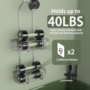 WXCGX Hanging Shower Caddy Over Shower Head Organizer: Height Adjustable Large Bathroom Storage Shelf with Soap Holder - Stainless Rustproof Shower Rack Basket with Hooks for Sponge Razor - Silver