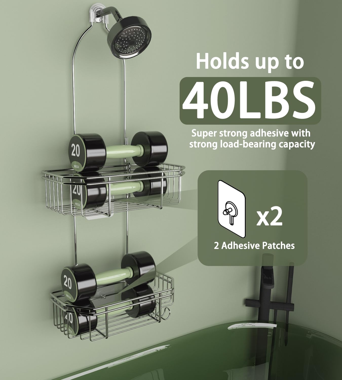 WXCGX Hanging Shower Caddy Over Shower Head Organizer: Height Adjustable Large Bathroom Storage Shelf with Soap Holder - Stainless Rustproof Shower Rack Basket with Hooks for Sponge Razor - Silver