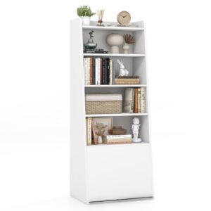 tangkula white 6 tier bookcase, modern bookshelf w/ 2 adjustable shelves & flip-up door, wood storage cabinet w/ 5 open shelves, freestanding display shelf for living room study (white, 6 tier)