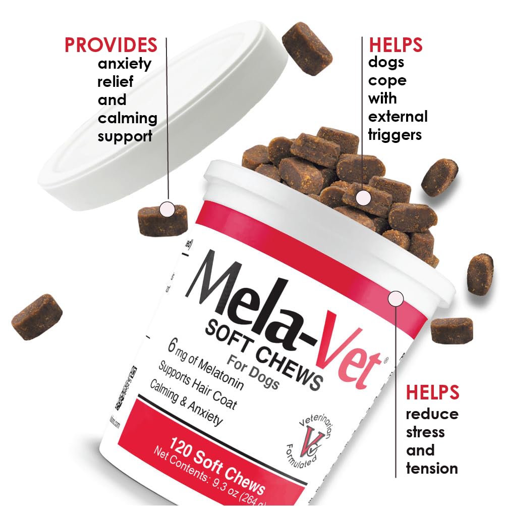 Mela-Vet Melatonin Calming Soft Chews for Dogs, Vet-Formulated to Provide Relaxation & Anxiety Relief, Helps Reduce Stress & Tension-Supports Healthier Skin & Coat.120 Tasty Soft Chews.