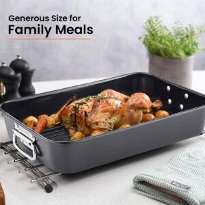 Generic Krafters Non-Stick Roasting Pan 11 inch x 15.5 inch with Rack and Steel Handles for Delicious Family Meals, Durable Metal Bakeware Dish, Spacious Oven Roaster Tray for Cooking, Gray, RP0011