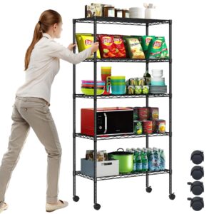 wygmav 5-tier shelf metal storage rack shelving unit adjustable wire shelving unit organizer standing shelf units for kitchen, garage, bathroom, closet - strong steel shelf with wheels, black