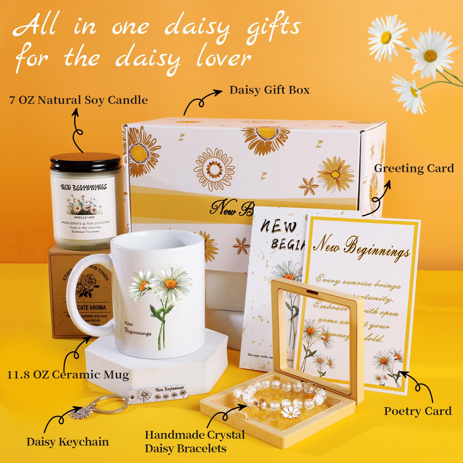 New Beginnings Daisy Box Gifts for Women - Coffee Mug, Candle, Keychain Gift Basket for Graduation, Coworker Leaving, Goodbye, Break Up, Going Away, New Job, New Home, Farewell, Good Luck, Divorce