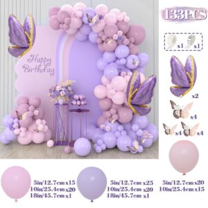 Purple Butterfly Balloon Arch Garland Kit 133pcs Pastel Purple Pink Balloons with 2pcs Butterfly Foil Balloons for Butterfly Birthday Party Decorations Baby Shower Decorations for Girls