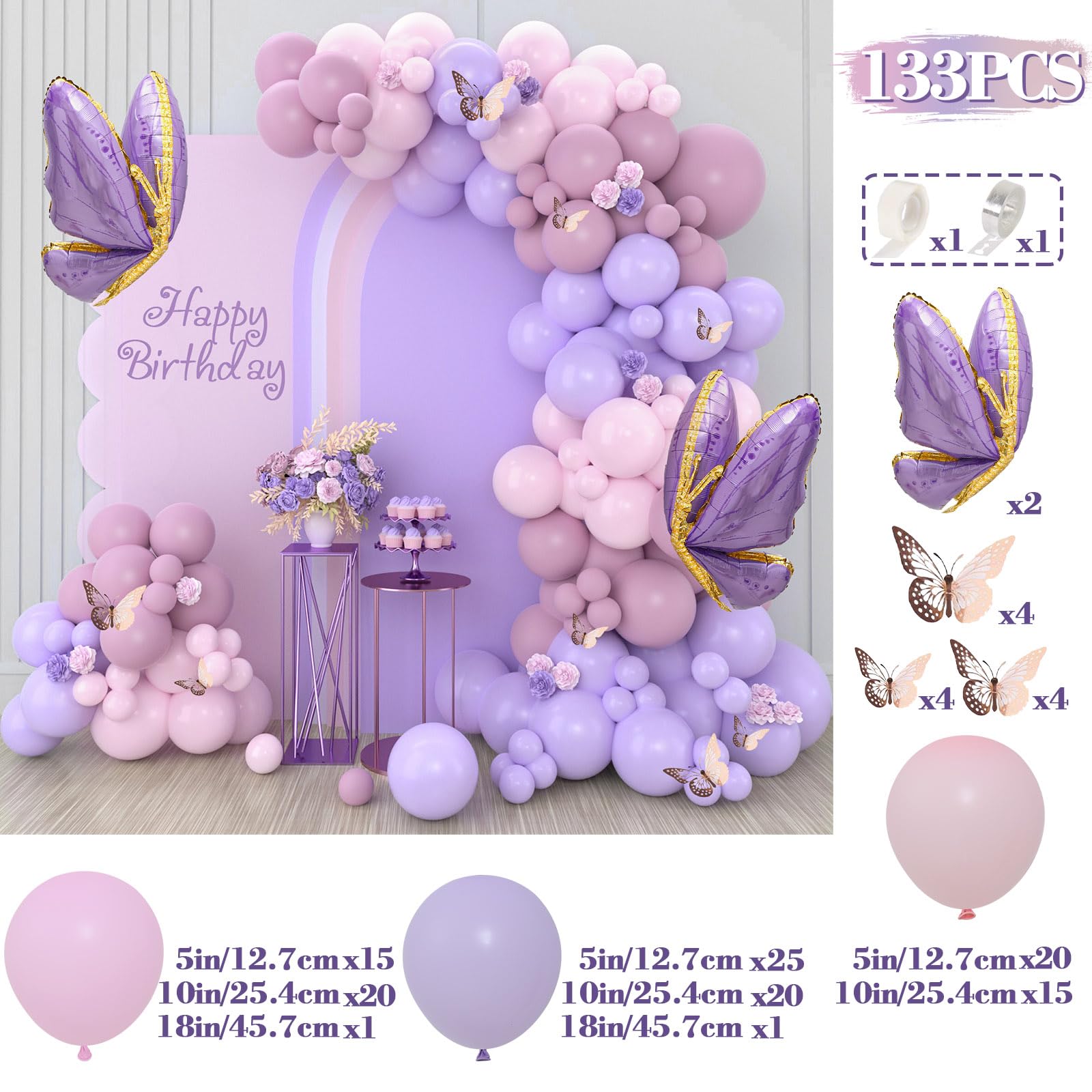 Purple Butterfly Balloon Arch Garland Kit 133pcs Pastel Purple Pink Balloons with 2pcs Butterfly Foil Balloons for Butterfly Birthday Party Decorations Baby Shower Decorations for Girls