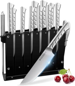 block knife set, 15 pcs german stainless steel sharp kitchen knives with black acrylic stand, professional chef knife set with steak knives, sharpener and scissors