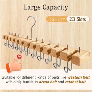 Wooden Belt Hanger for Closet 2-in-1 Wall Mount Belt Organizer Holder for Closet Organizer Storage, Ratchet Belt Rack Closet Accessories with 12 Slots & 11 Hooks