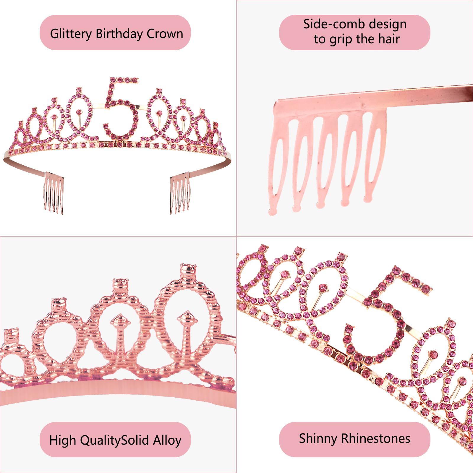 5th Pink Birthday Decorations for Girls,Including 5th Birthday Sash,Rhinestone 5th Birthday Girl Crown Tiara,Cake Topper,Number Candle ,Balloon,5 Year Old Birthday Gifts for Girl Party Favor Supplies