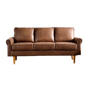 POUUIN Faux Leather 3 Seater Sofa Couches for Living Room,74" Mid Century Modern Deep Seat Sofas & Couches,Breathable Comfy Upholstered Couch for Bedroom Apartment Office (Dark Brown)