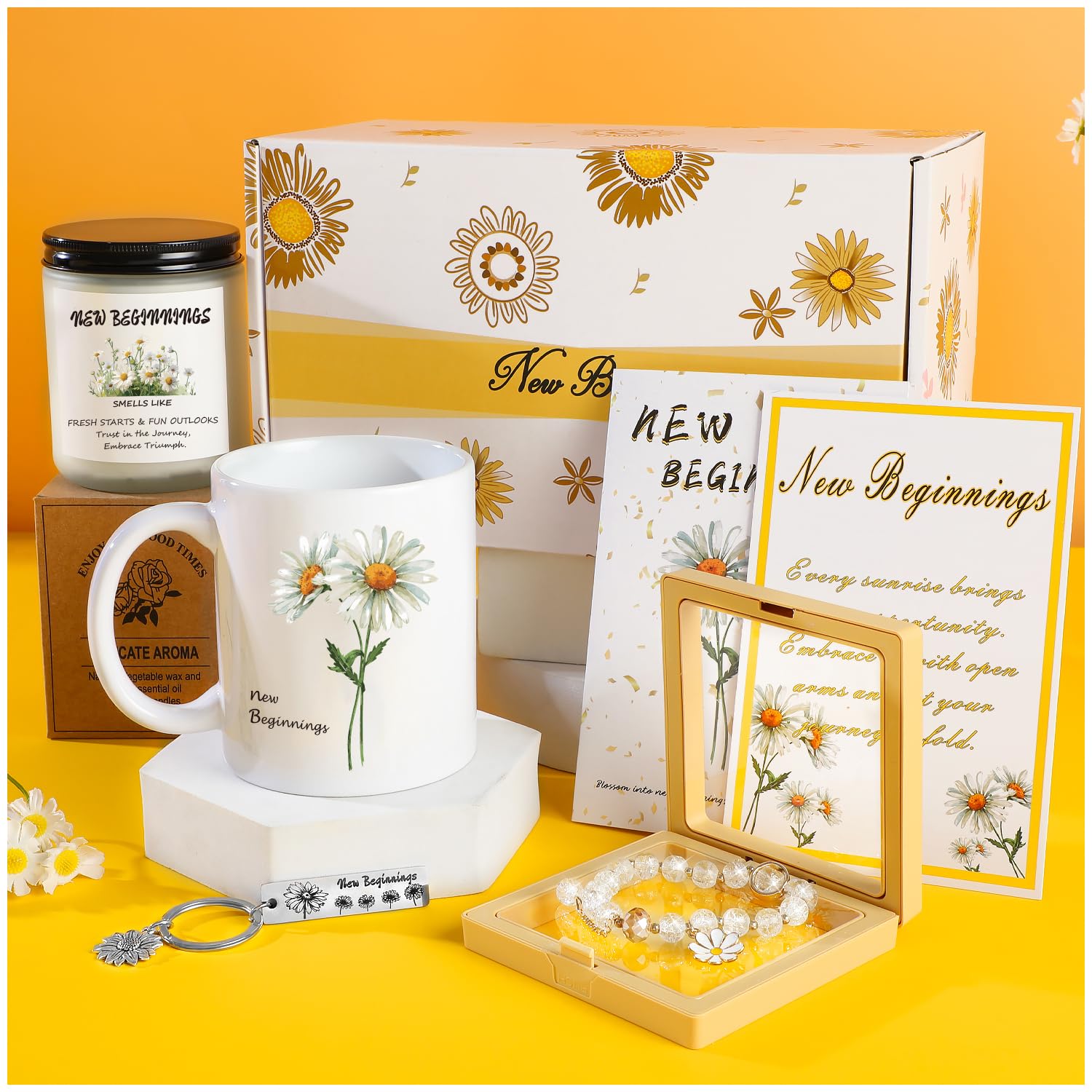 New Beginnings Daisy Box Gifts for Women - Coffee Mug, Candle, Keychain Gift Basket for Graduation, Coworker Leaving, Goodbye, Break Up, Going Away, New Job, New Home, Farewell, Good Luck, Divorce