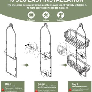 WXCGX Hanging Shower Caddy Over Shower Head Organizer: Height Adjustable Large Bathroom Storage Shelf with Soap Holder - Stainless Rustproof Shower Rack Basket with Hooks for Sponge Razor - Silver