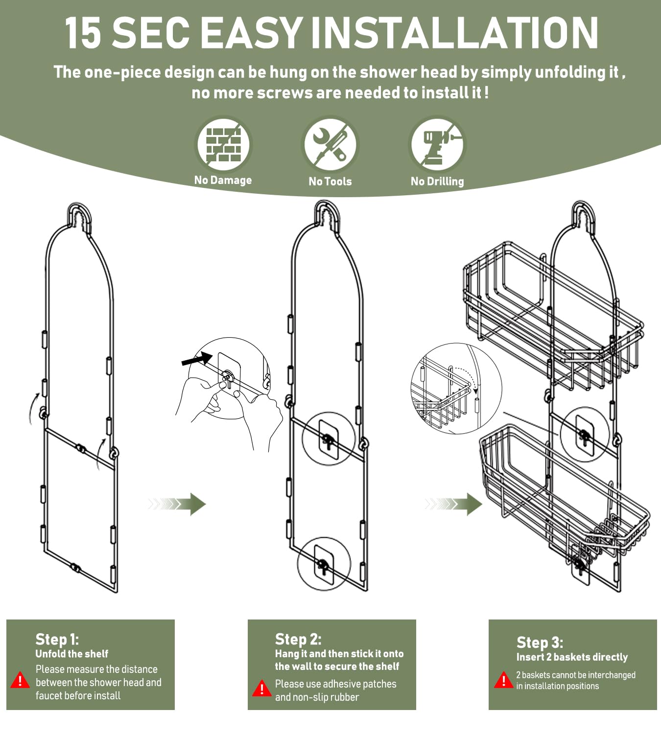 WXCGX Hanging Shower Caddy Over Shower Head Organizer: Height Adjustable Large Bathroom Storage Shelf with Soap Holder - Stainless Rustproof Shower Rack Basket with Hooks for Sponge Razor - Silver