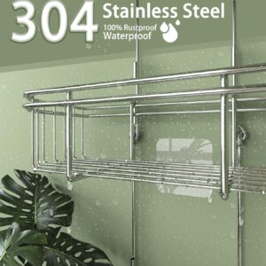 WXCGX Hanging Shower Caddy Over Shower Head Organizer: Height Adjustable Large Bathroom Storage Shelf with Soap Holder - Stainless Rustproof Shower Rack Basket with Hooks for Sponge Razor - Silver