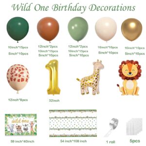 Wild One Birthday Decorations For Boys Safari Balloon Arch With Wild One Banner Backdrop, Tablecloth, Gold 1 Balloons And Animal Foil Balloons For Jungle Baby Shower Boy 1st Birthday Decorations