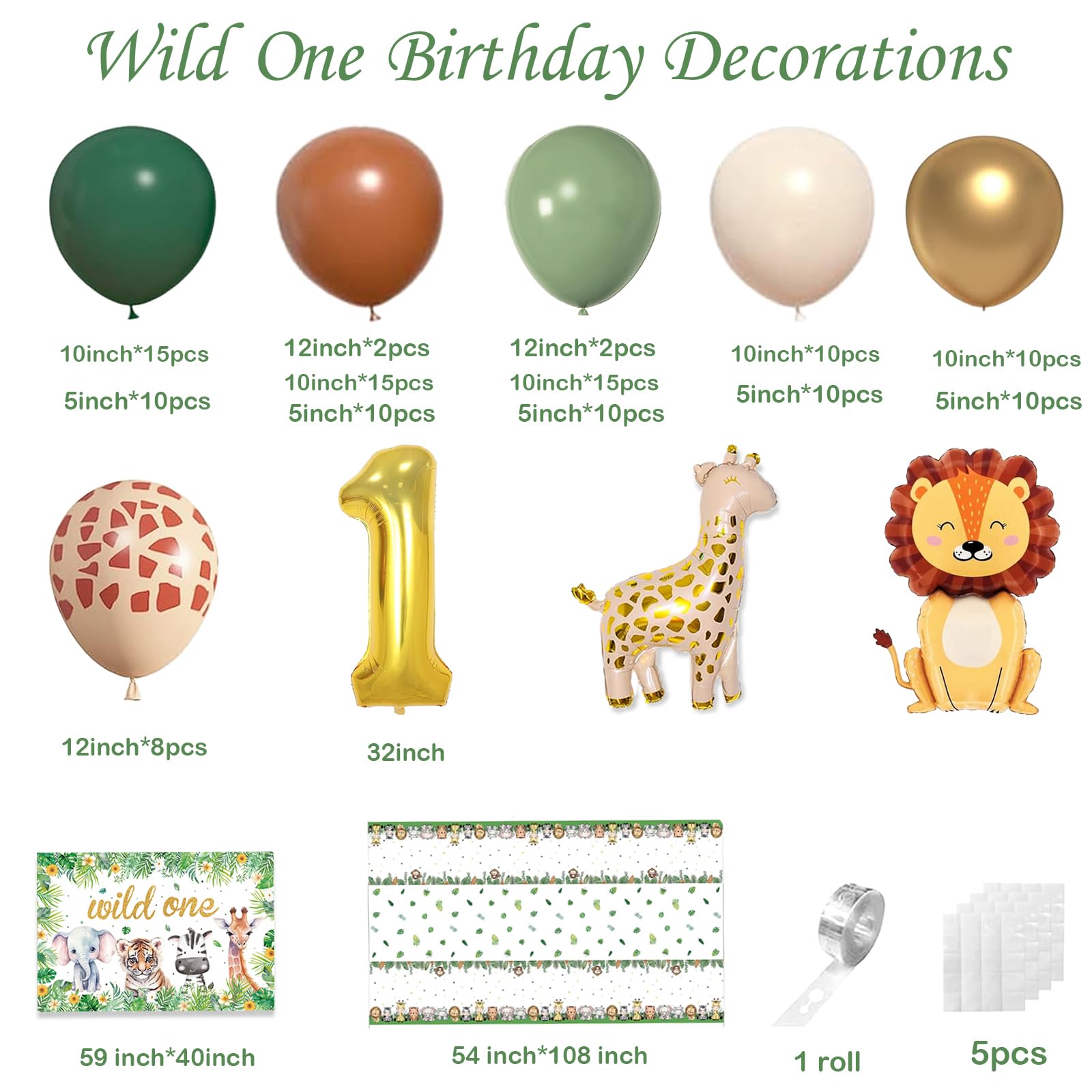 Wild One Birthday Decorations For Boys Safari Balloon Arch With Wild One Banner Backdrop, Tablecloth, Gold 1 Balloons And Animal Foil Balloons For Jungle Baby Shower Boy 1st Birthday Decorations