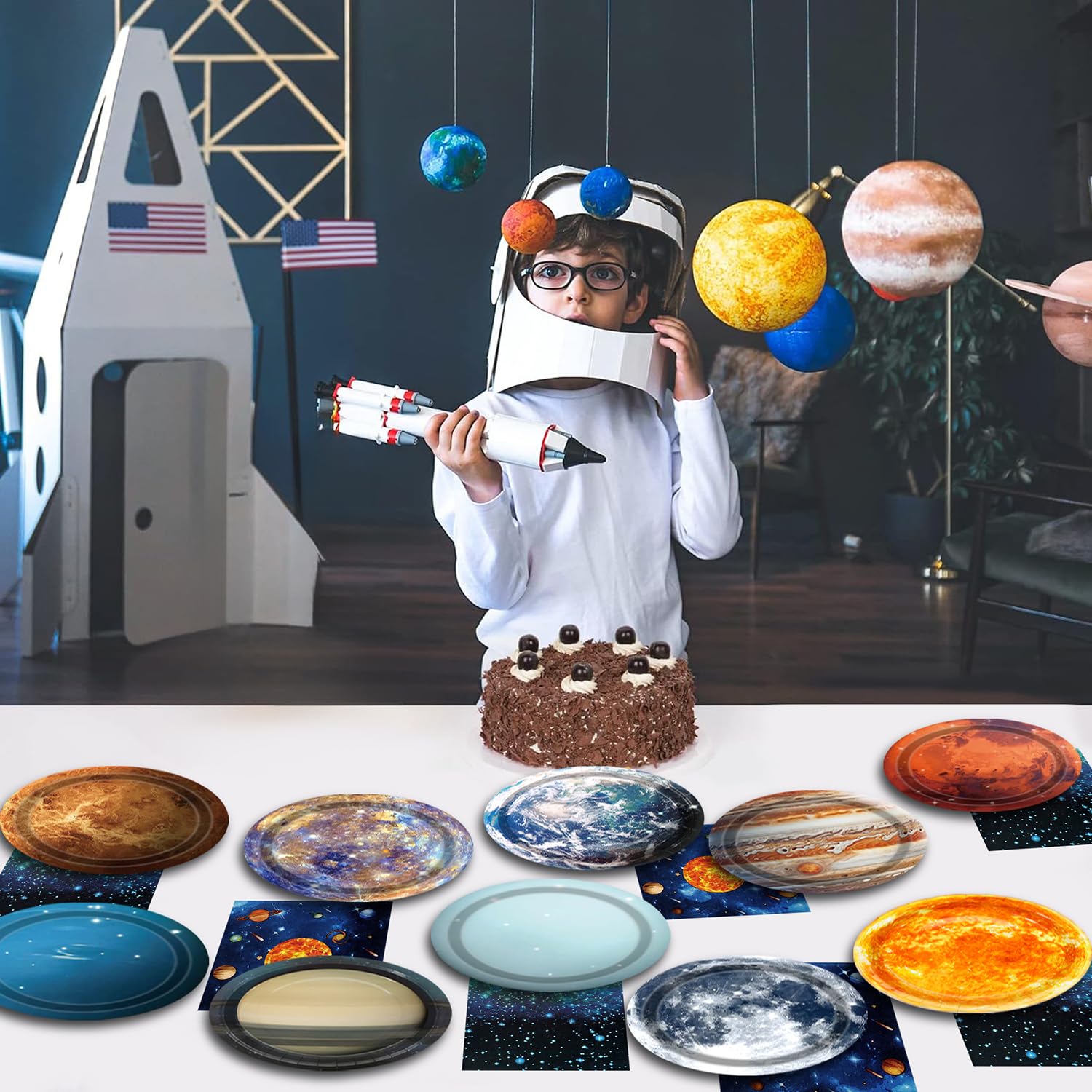 UROINEPA Space Theme Party Decorations 100Pcs Galaxy Planet Outer Space Disposable Plates and Napkins for Kids Space Solar System Planets Baby Shower Birthday Party Decorations