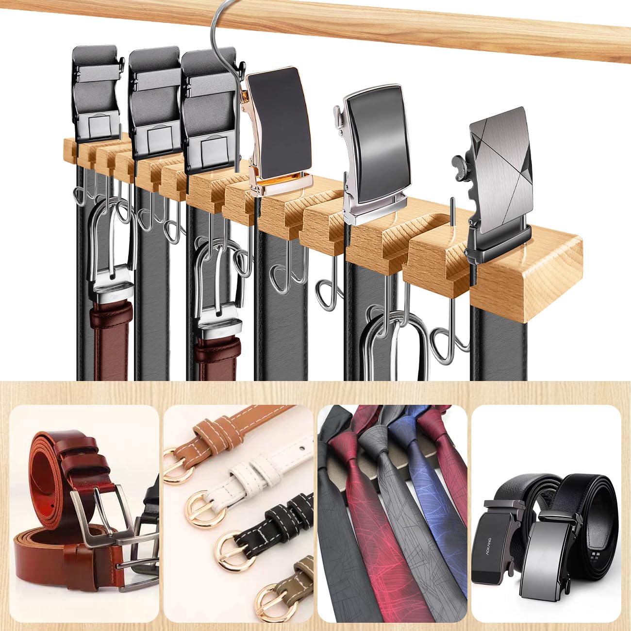 Wooden Belt Hanger for Closet 2-in-1 Wall Mount Belt Organizer Holder for Closet Organizer Storage, Ratchet Belt Rack Closet Accessories with 12 Slots & 11 Hooks