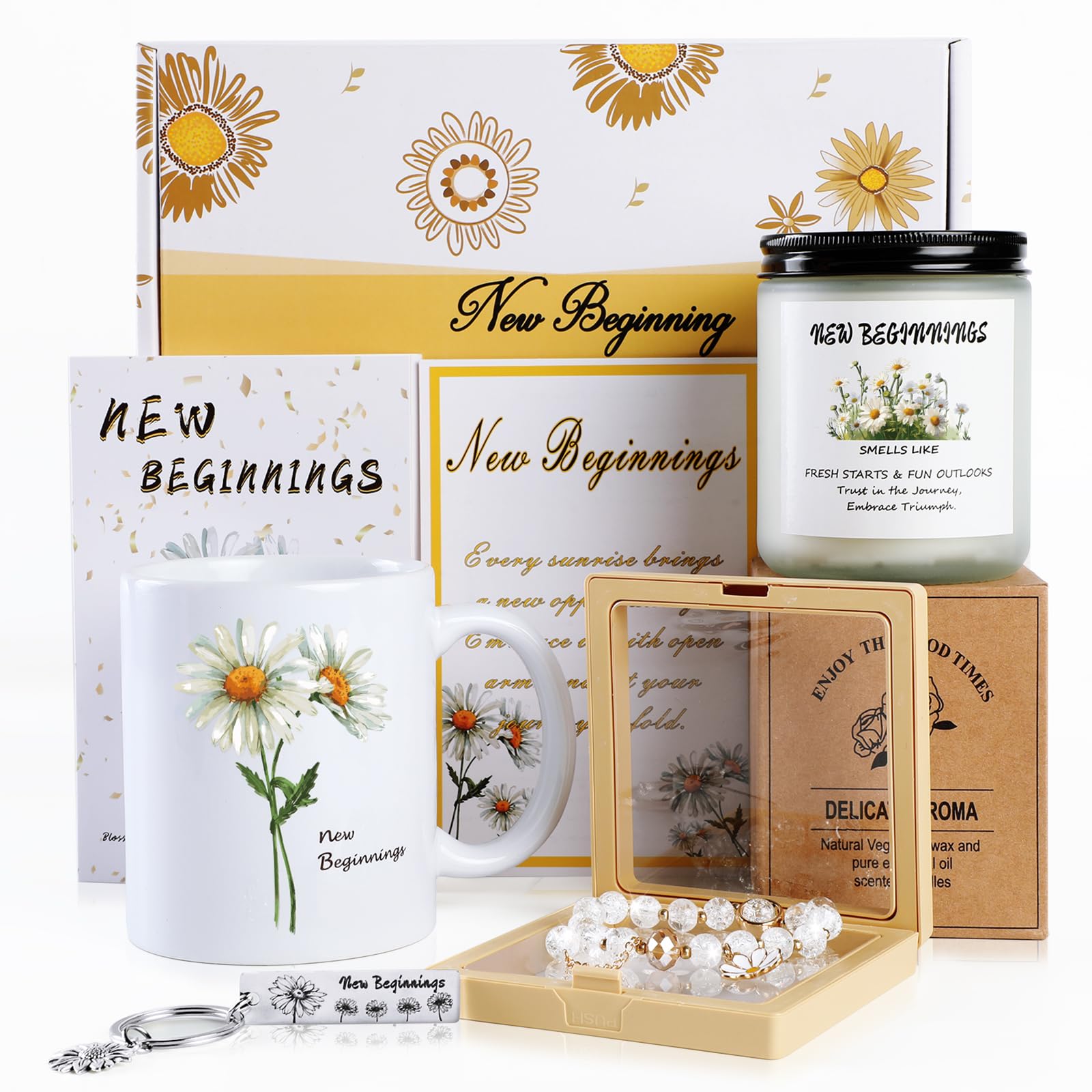 New Beginnings Daisy Box Gifts for Women - Coffee Mug, Candle, Keychain Gift Basket for Graduation, Coworker Leaving, Goodbye, Break Up, Going Away, New Job, New Home, Farewell, Good Luck, Divorce