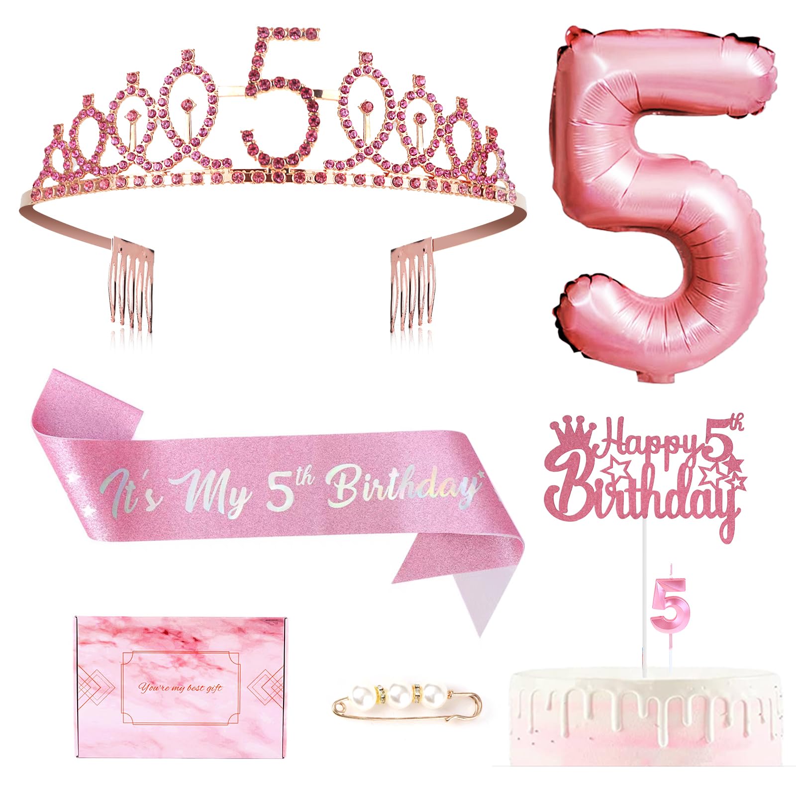 5th Pink Birthday Decorations for Girls,Including 5th Birthday Sash,Rhinestone 5th Birthday Girl Crown Tiara,Cake Topper,Number Candle ,Balloon,5 Year Old Birthday Gifts for Girl Party Favor Supplies