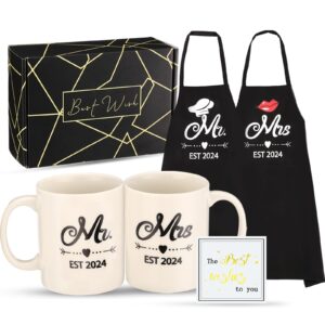 ddofah mr and mrs est 2024 mug and apron set, wedding engagement anniversary bridal shower gifts for couple mr and mrs smith bride groom husband wife newlyweds gifts