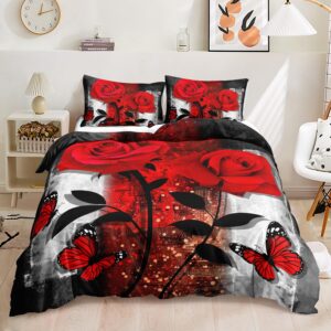 ailonen red rose duvet cover set king size, grey retro couple rose comforter cover set,3 pieces romantic floral butterfly quilt cover and 2 pillowcases