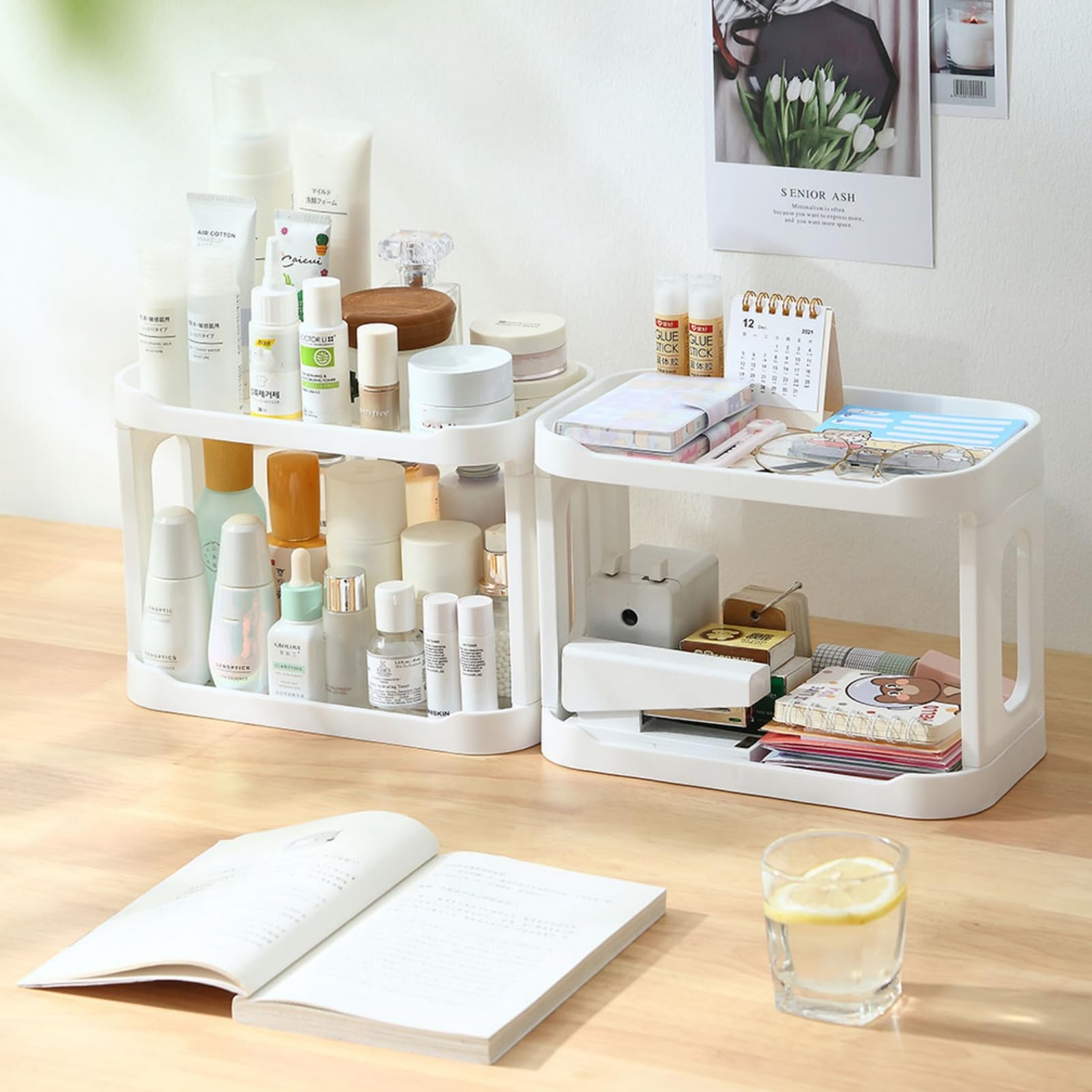 XUDAUP 2-Tier Bathroom Organizers Countertop Spice Rack Vanity Destop Storage Shelf Makeup Organization for Kitchen Bathroom Desk Office School (White)