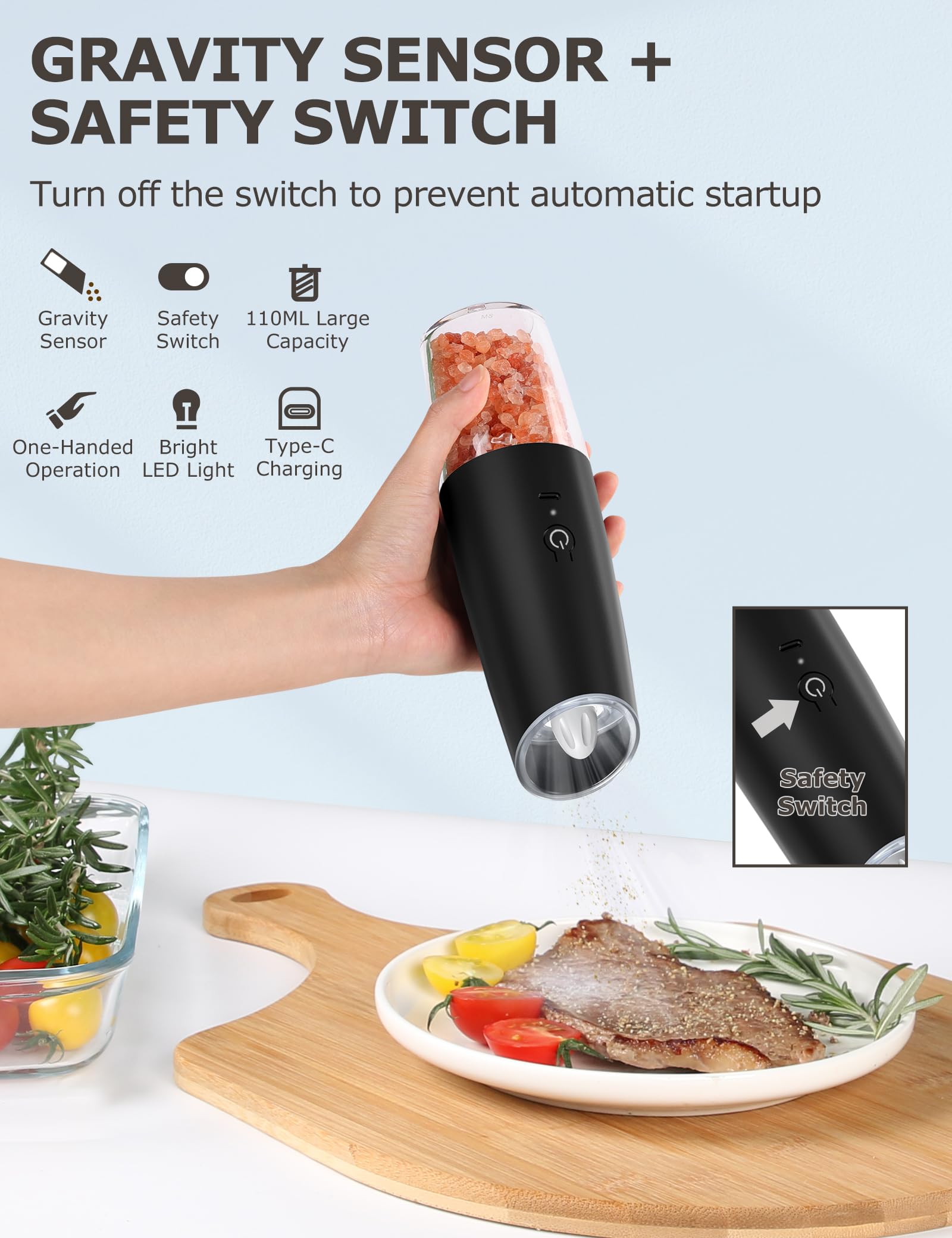 innhom Gravity Electric Salt Grinder Pepper Grinder Pepper Mill Automatic Salt and Pepper Grinder with Adjustable Coarseness USB Rechargable, 1 Pack