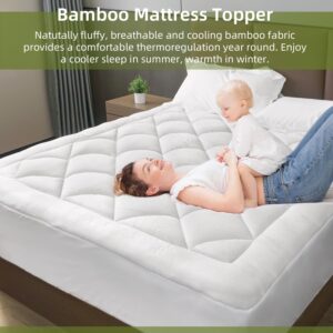 Bamboo Cooling Mattress Topper Queen Size, Mattress Pad Quilted with 600GSM Down Alternative Fill with a Deep Pocket for a Luxurious Sleep Experience (Queen, 60" x 80")