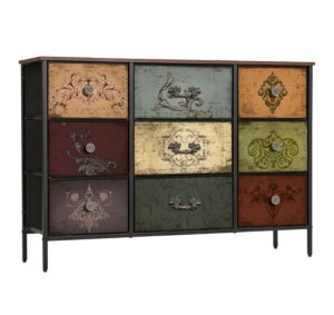 vasicar dresser for bedroom with 9 deep fabric drawers, wide tv stand storage cabinet, colorful chest of drawers for closet, nursery, entryway, hallway