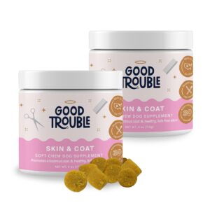 good trouble pets skin & coat supplement for dogs - bacon & chicken flavor, promotes healthy coat & skin, 30 chews for optimal results (packs of 2)