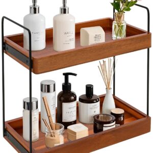 BUMPEXPAND 2 - Tier Acacia Bathroom Organizer Countertop, Storage Wood Corner Bathroom Rack for Vanity Kitchen Under Sink, Tiered Tray Makeup Stand Organizers Office Desk