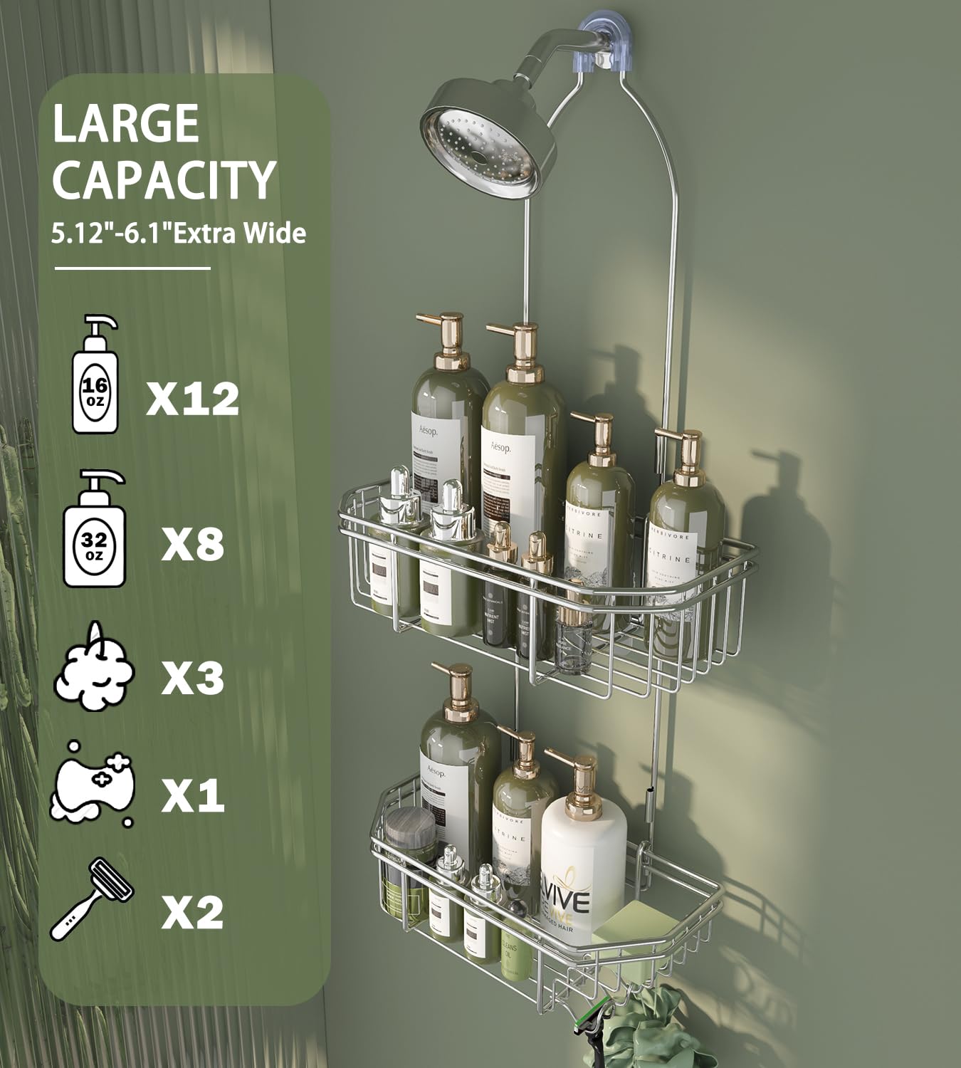 WXCGX Hanging Shower Caddy Over Shower Head Organizer: Height Adjustable Large Bathroom Storage Shelf with Soap Holder - Stainless Rustproof Shower Rack Basket with Hooks for Sponge Razor - Silver