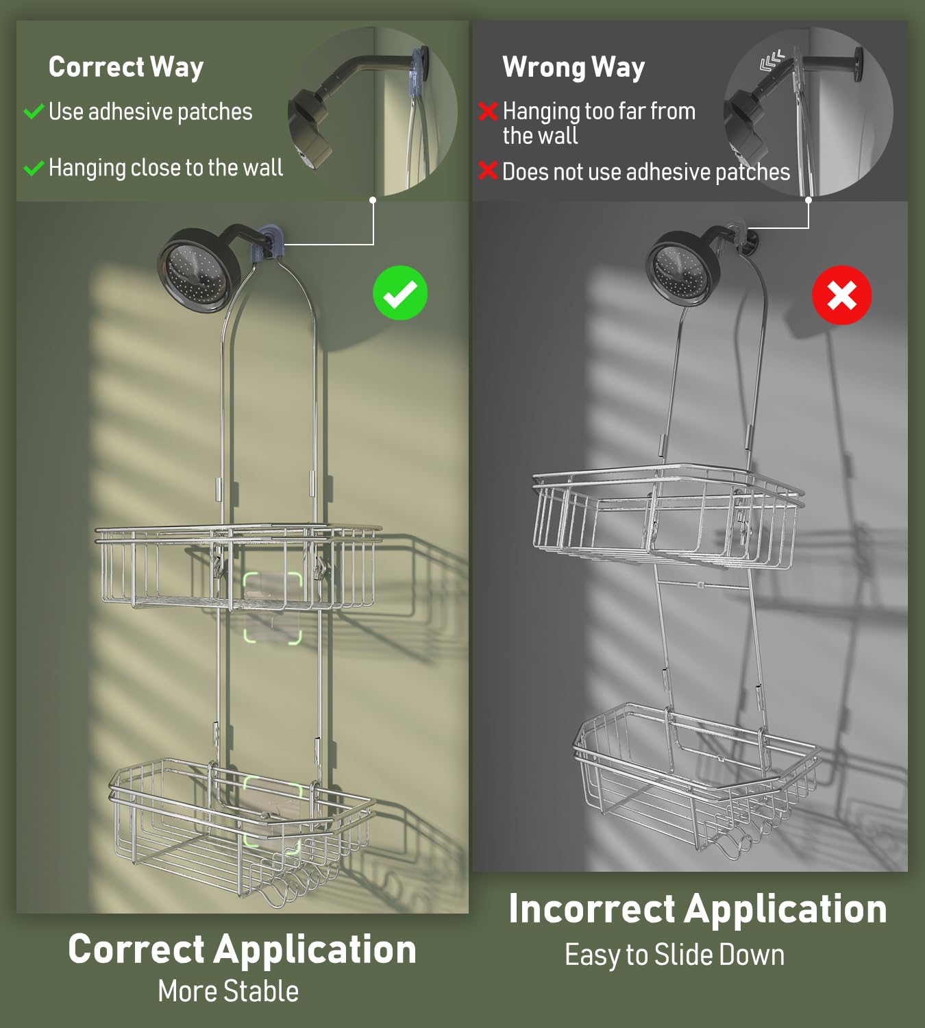 WXCGX Hanging Shower Caddy Over Shower Head Organizer: Height Adjustable Large Bathroom Storage Shelf with Soap Holder - Stainless Rustproof Shower Rack Basket with Hooks for Sponge Razor - Silver