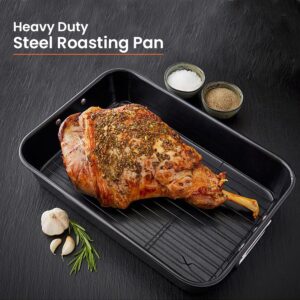 Generic Krafters Non-Stick Roasting Pan 11 inch x 15.5 inch with Rack and Steel Handles for Delicious Family Meals, Durable Metal Bakeware Dish, Spacious Oven Roaster Tray for Cooking, Gray, RP0011