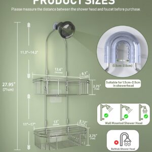 WXCGX Hanging Shower Caddy Over Shower Head Organizer: Height Adjustable Large Bathroom Storage Shelf with Soap Holder - Stainless Rustproof Shower Rack Basket with Hooks for Sponge Razor - Silver