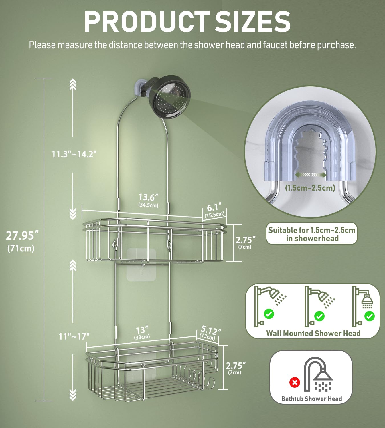 WXCGX Hanging Shower Caddy Over Shower Head Organizer: Height Adjustable Large Bathroom Storage Shelf with Soap Holder - Stainless Rustproof Shower Rack Basket with Hooks for Sponge Razor - Silver