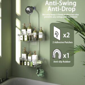 WXCGX Hanging Shower Caddy Over Shower Head Organizer: Height Adjustable Large Bathroom Storage Shelf with Soap Holder - Stainless Rustproof Shower Rack Basket with Hooks for Sponge Razor - Silver