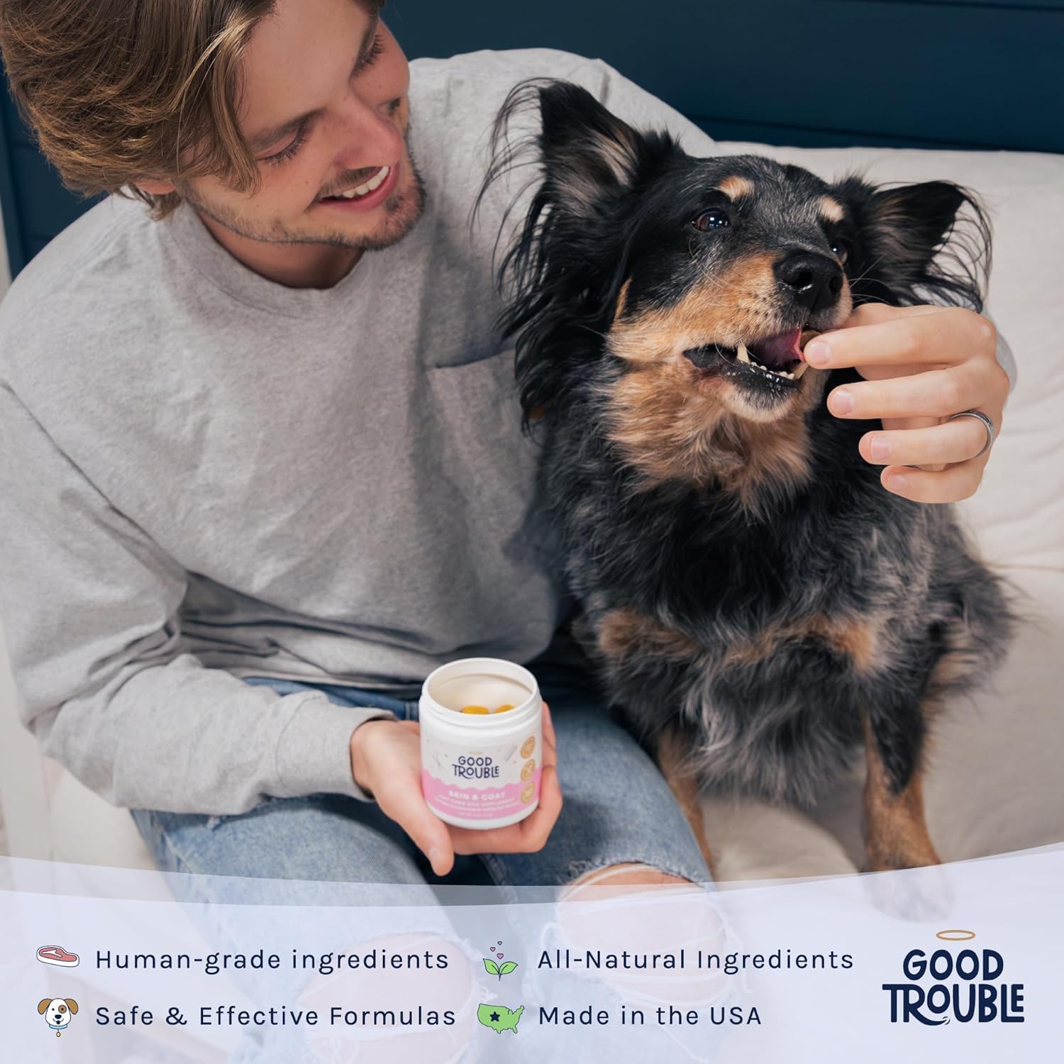 Good Trouble Pets Skin & Coat Supplement for Dogs - Bacon & Chicken Flavor, Promotes Healthy Coat & Skin, 30 Chews for Optimal Results (Packs of 2)