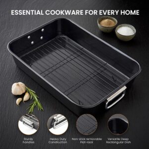 Generic Krafters Non-Stick Roasting Pan 11 inch x 15.5 inch with Rack and Steel Handles for Delicious Family Meals, Durable Metal Bakeware Dish, Spacious Oven Roaster Tray for Cooking, Gray, RP0011