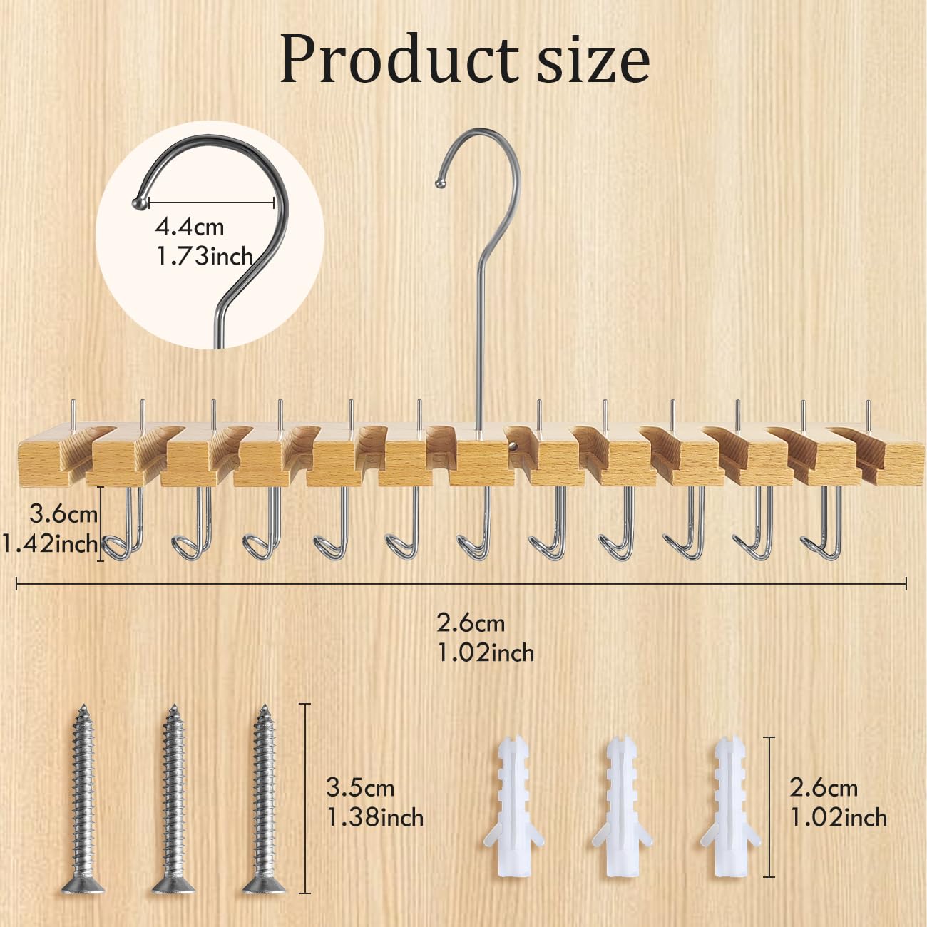 Wooden Belt Hanger for Closet 2-in-1 Wall Mount Belt Organizer Holder for Closet Organizer Storage, Ratchet Belt Rack Closet Accessories with 12 Slots & 11 Hooks