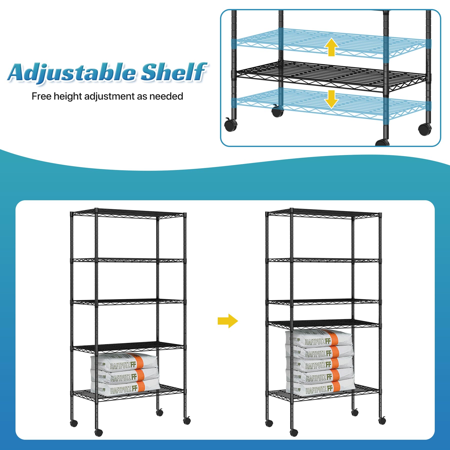 WYGMAV 5-Tier Shelf Metal Storage Rack Shelving Unit Adjustable Wire Shelving Unit Organizer Standing Shelf Units for Kitchen, Garage, Bathroom, Closet - Strong Steel Shelf with Wheels, Black