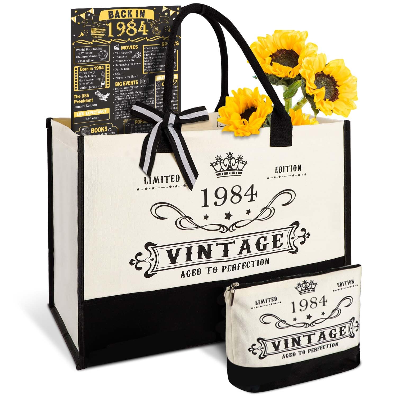 40th Birthday Gifts for Women Canvas Tote Bag Travel Gear, Unique 40 Years Old Birthday Gifts for Mom Wife Aunt Friends Her Turning 40, Vintage 1984 Beach Bag & Cosmetic Bag & Back in 1984 Poster