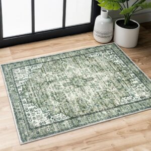 siiloom 2x3 bright green washable rug for entryway, soft traditional printed area rug, non-slip kitchen rugs, low-pile medallion indoor door mat, farmhouse carpet for entrance kitchen foyer