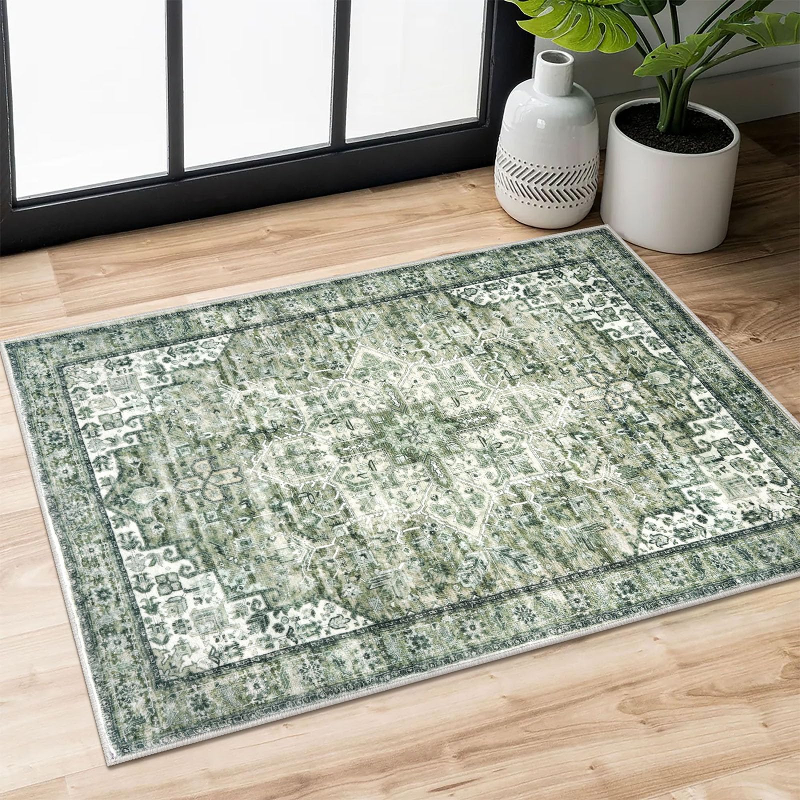 SIILOOM 2x3 Bright Green Washable Rug for Entryway, Soft Traditional Printed Area Rug, Non-Slip Kitchen Rugs, Low-Pile Medallion Indoor Door Mat, Farmhouse Carpet for Entrance Kitchen Foyer