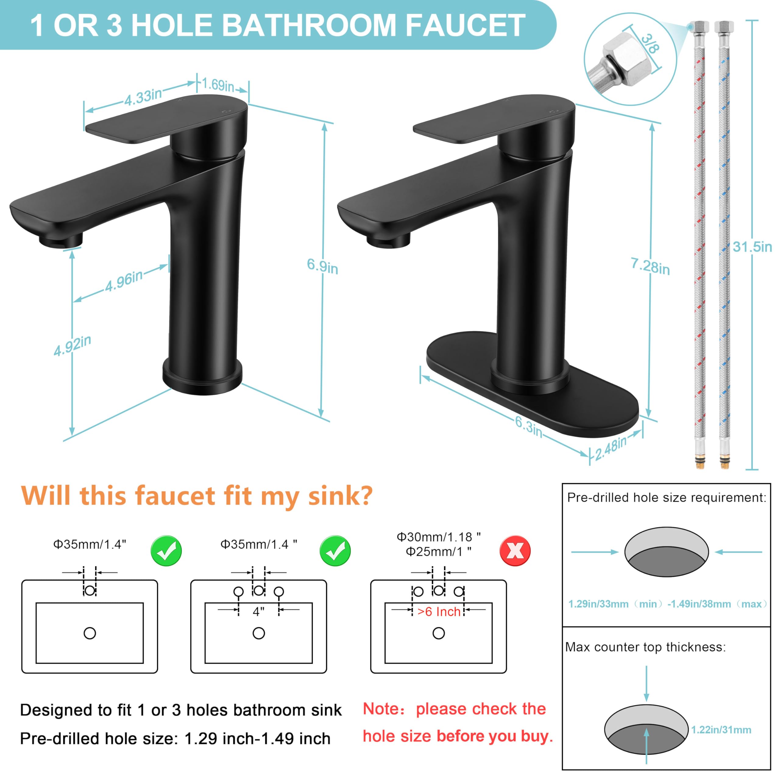 Homikit Bathroom Faucets, Black Bathroom Sink Faucet for 1 Hole or 3 Holes, Matte Black Faucet for Bathroom Sink with Pop Up Drain & Supply Hoses, Stainless Steel Single Handle RV Vanity Basin Faucet